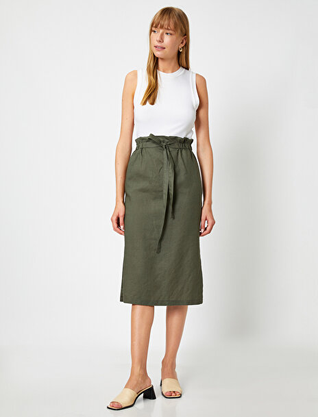 Koton Kadın Beli Bağlamalı Yırtmaç Detaylı Midi Etek