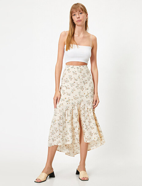 Koton Kadın Yüksek Bel Çiçek Baskılı Yırtmaçlı Etek