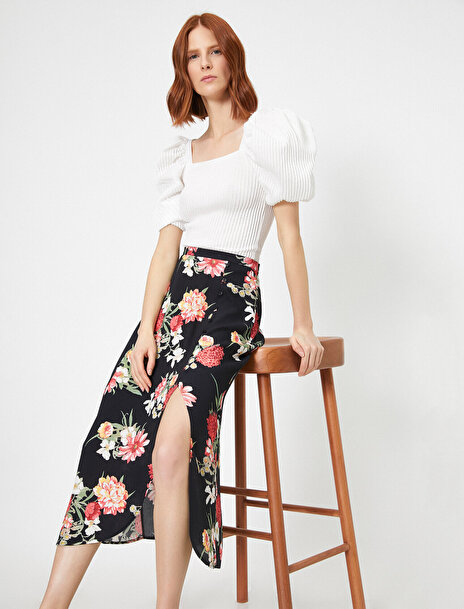 Koton Kadın Desenli Yırtmaçlı Midi Etek