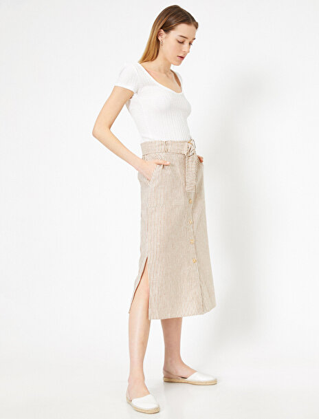 Koton Kadın Yüksek Bel Kemer Detaylı Keten Karışımlı Etek