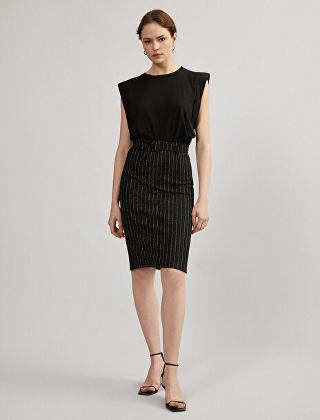 Koton Kadın Sim Detaylı Çizgili Midi Etek