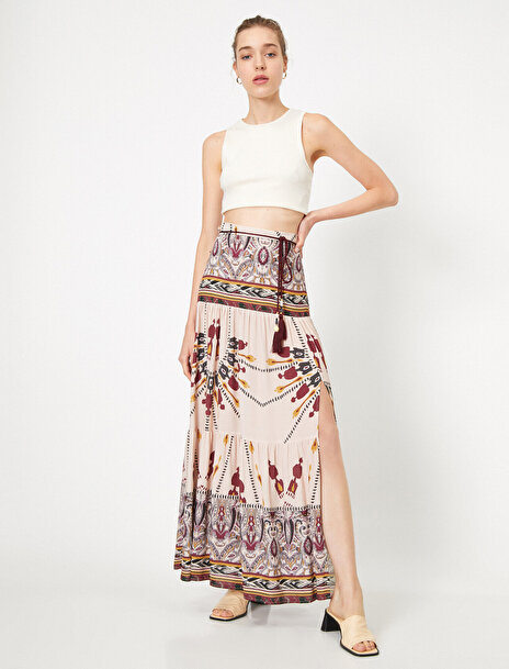 Koton Kadın Desenli Yırtmaç Detaylı Maxi Etek