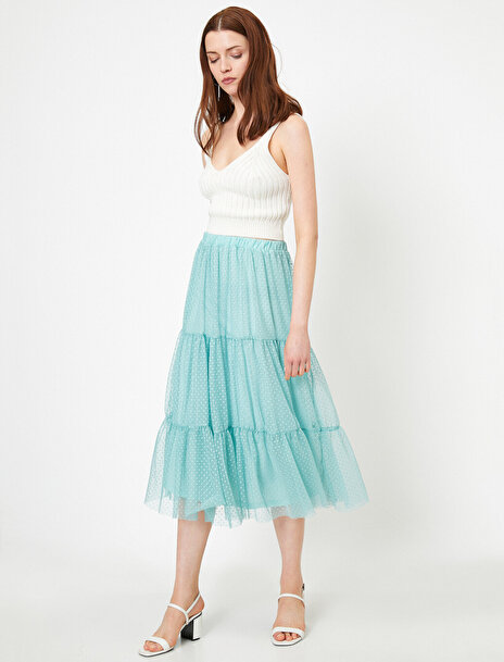 Koton Kadın Tül Puantiyeli Volanlı Bel Lastikli Uzun Etek