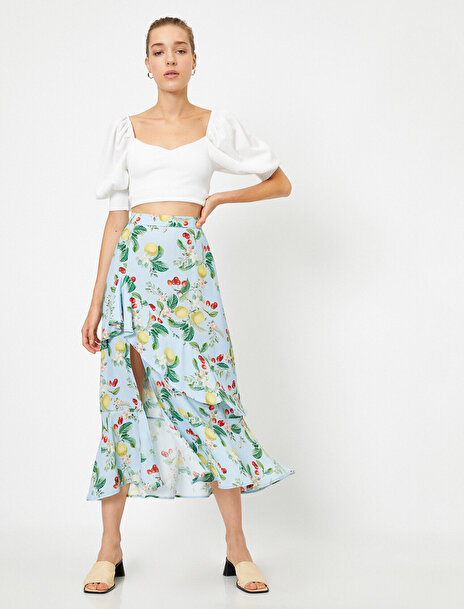 Koton Kadın Desenli Yırtmaçlı Yüksek Bel Midi Etek