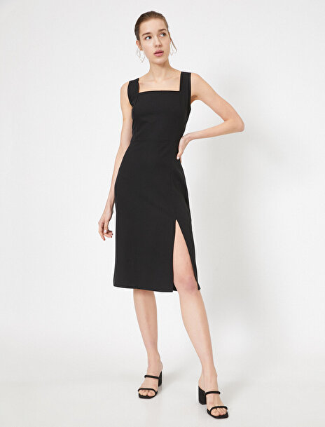 Koton Kadın Kolsuz Askılı Yırtmaç Detaylı Midi Elbise