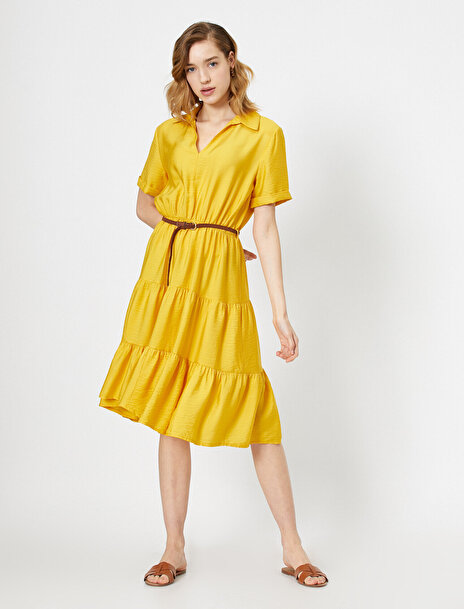 Koton Kadın Kemer Detaylı V Yaka Kısa Kollu Midi Elbise