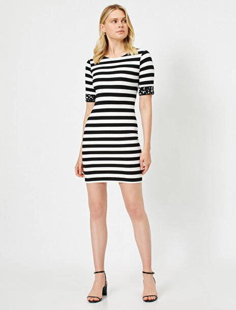 Koton Kadın İnci Detaylı Çizgili Elbise