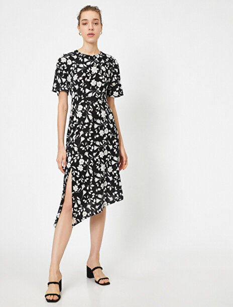 Koton Kadın Bisiklet Yaka Kısas Kollu Desenli Yırtmaç Detaylı Midi Elbise