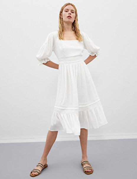 Koton Kadın Balon Kollu Kare Yaka Midi Elbise