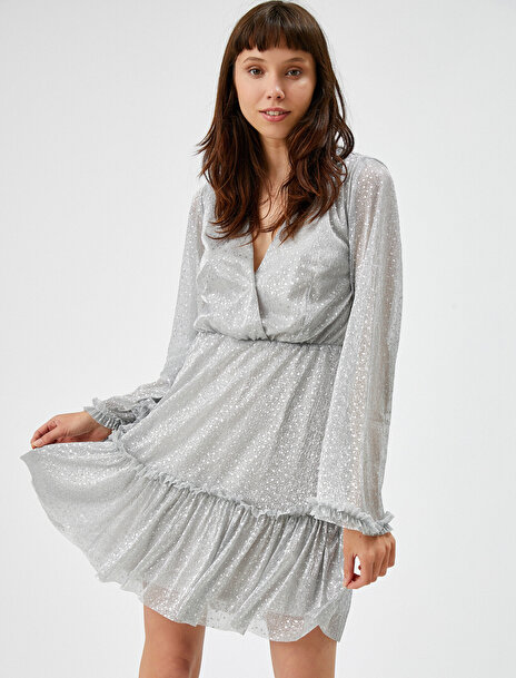 Koton Kadın Uzun Kollu Parlak Fırfırlı Kısa Elbise