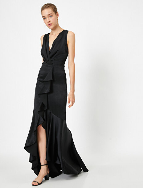 Koton Kadın Yırtmaçlı Elbise Abiye Volan Detaylı V Yaka Koton Kadın Yırtmaçlı Elbise Abiye Volan Detaylı V Yaka