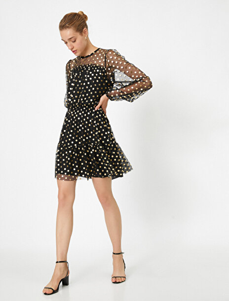 Koton Kadın Puantiyeli Elbise Abiye Mini  Uzun Kollu