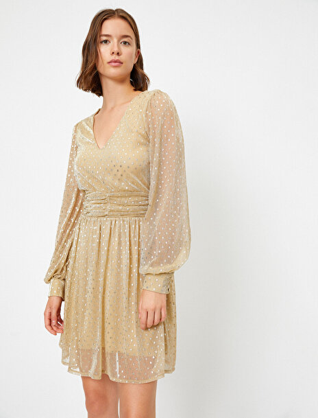 Koton Kadın Puantiyeli Elbise Abiye  Uzun Kollu V Yaka