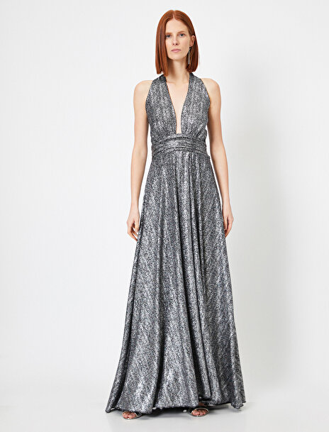 Koton Kadın Yırtmaçlı Elbise Abiye Metalik Çapraz Yaka Detaylı Volanlı Uzun Koton Kadın Yırtmaçlı Elbise Abiye Metalik Çapraz Yaka Detaylı Volanlı Uzun