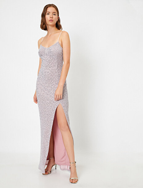 Koton Kadın Yırtmaçlı Elbise Abiye Askılı Pullu  Maxi