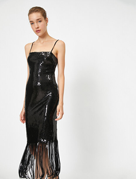 Koton Kadın Pullu Elbise Abiye Püsküllü  İnce Askılı