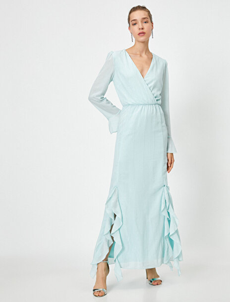 Koton Kadın Yırtmaçlı Elbise  Abiye Uzun Kollu  Fırfırlı