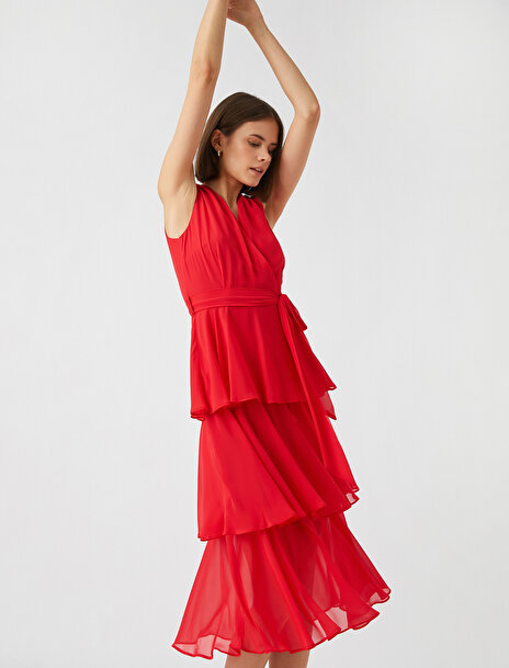 Koton Kadın Şifon Elbise Abiye Kemerli  Fırfırlı