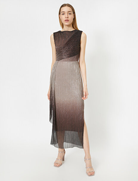 Koton Kadın Büzgülü Elbise Abiye Tül Detaylı Kolsuz Uzun  Bisiklet Yaka