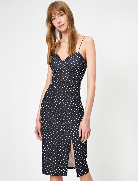 Koton Kadın Puantiyeli Kulplu Yırtmaçlı V Yaka Kamisol Midi Boy Elbise