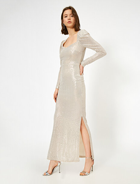 Koton Kadın Pullu Kalp Yaka Karpuz Uzun Kollu Uzun Abiye Elbise