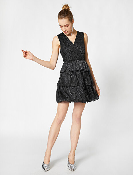 Koton Kadın Kruvaze Elbise Abiye Beli Büzgülü Fırfırlı Kolsuz Mini