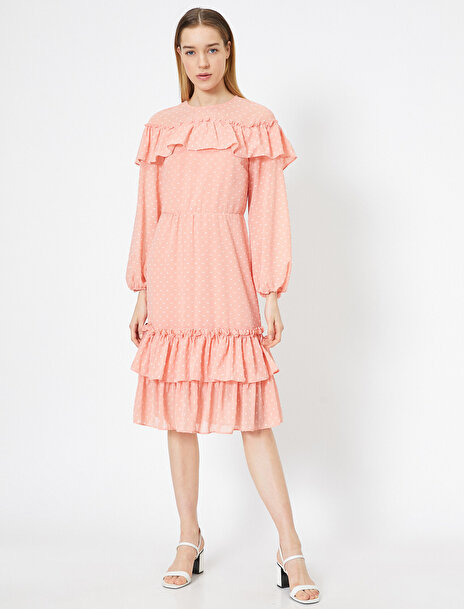 Koton Kadın Etek Ucu Kat Volanlı Uzun Kollu Midi Elbise