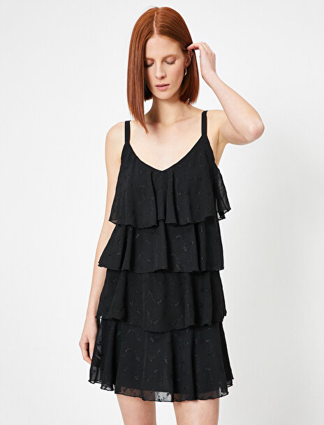 Koton Kadın Şifon Elbise Abiye Fırfırlı Askılı V Yaka Mini