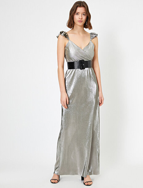 Koton Kadın Metalik Elbise Abiye Pileli Fırfır Detaylı Kruvaze Uzun