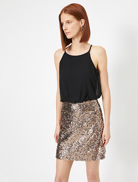 Koton Kadın Payetli Elbise Abiye Şifon Halter Yaka Askılı Sırt Bağlama Detaylı Kısa Abiye