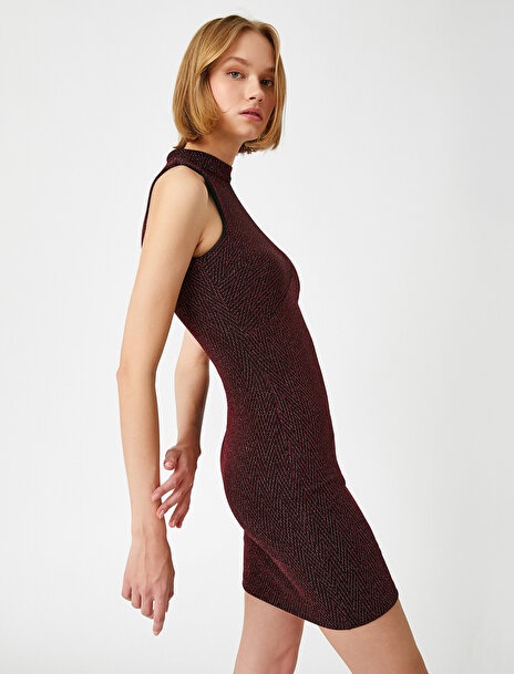 Koton Kadın Simli Elbise Abiye Dik Yaka Kolsuz Mini