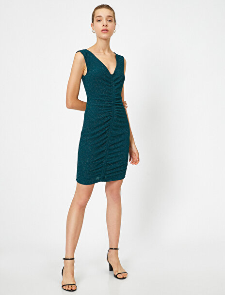 Koton Kadın Kolsuz  Midi Elbise Abiye V Yaka  Sim Detaylı