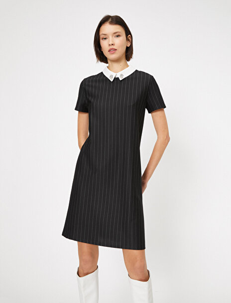 Koton Kadın Yaka ve İşleme Detaylı Çizgili Elbise