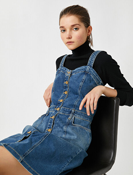 Koton Kadın Düğme Detaylı Askılı Cep Detaylı Midi Jean Elbise