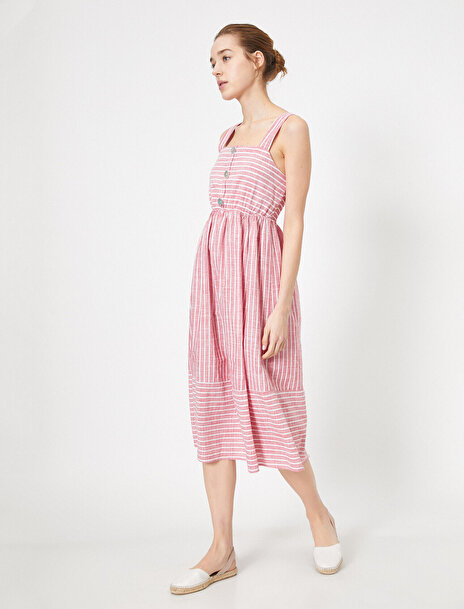 Koton Kadın U Yaka Kolsuz Düğme Detaylı Çizgili Midi Elbise