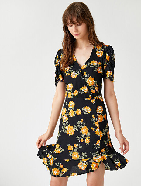 Koton Kadın V Yaka Kısa Kollu Çiçek Desenli Elbise