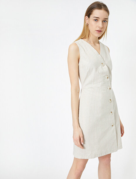 Koton Kadın Düğme Detaylı Kolsuz Keten Karışımlı Elbise