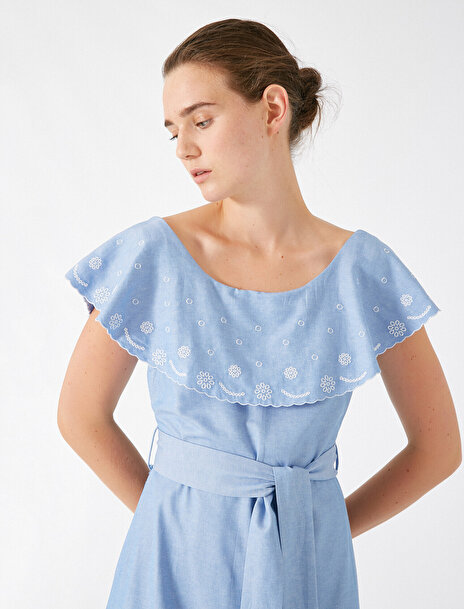 Koton Kadın Poplin Elbise Kısa Kollu Işlemeli Kemerli