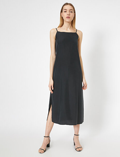 Koton Kadın Yanları Yırtmaç Detaylı İnce Askılı Midi Elbise