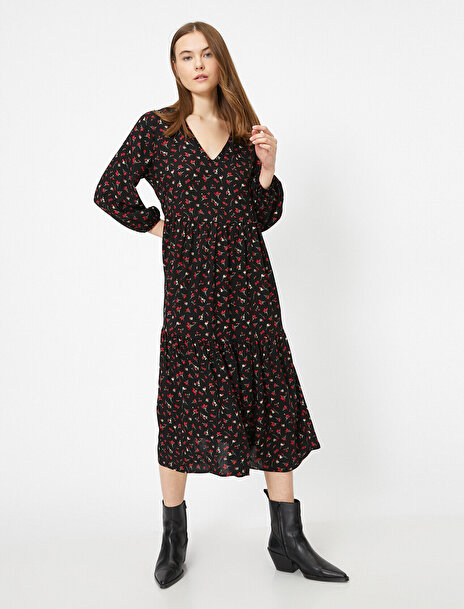 Koton Kadın Çiçek Desenli V Yaka Maxi Elbise