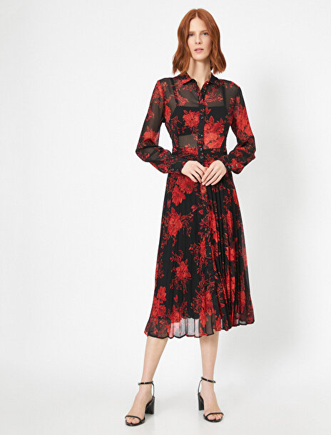 Koton Kadın Çiçek Desenli Pilise Detaylı Elbise