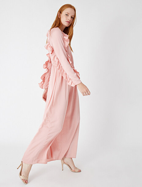 Koton Kadın Saten Uzun Kollu Volanlı Uzun Elbise