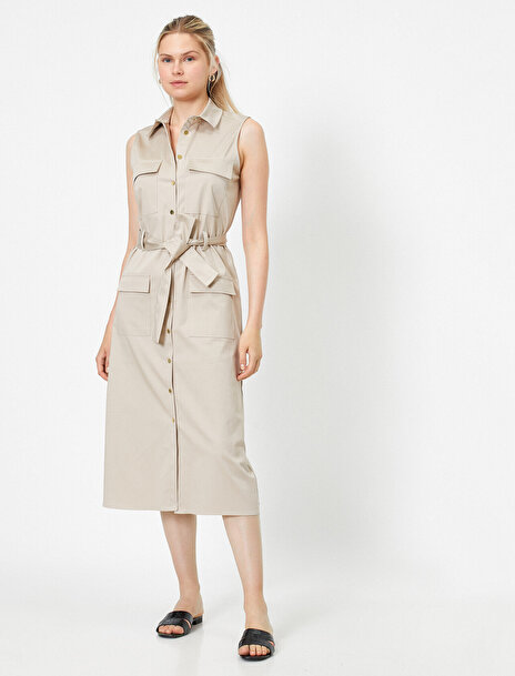 Koton Kadın Gömlek Yaka Kolsuz Cep Detaylı Beli Bağlamalı Midi Elbise