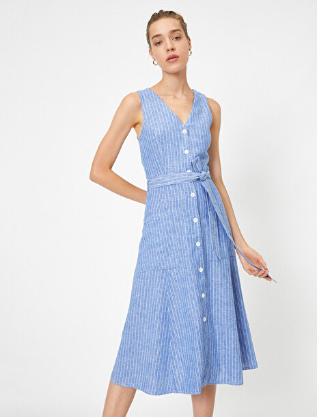 Koton Kadın Kemerli Düğmeli Çizgili Kısa Kollu Elbise