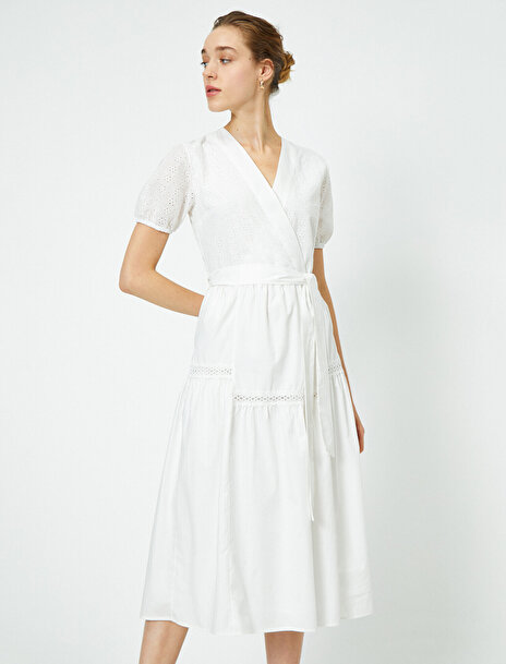 Koton Kadın V Yaka Kısa Kollu İşlemeli Beli Bağlamalı Midi Elbise