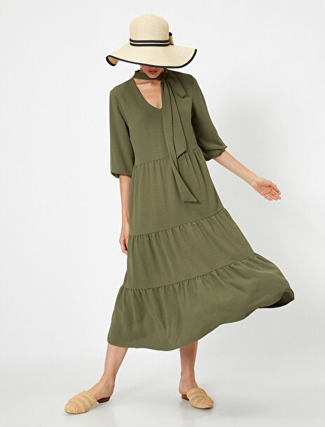 Koton Kadın Fular Yaka Uzun Kollu Midi Elbise