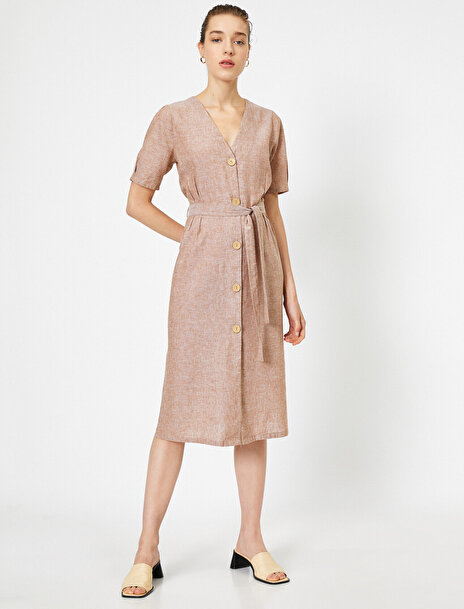 Koton Kadın V Yaka Keten Gömlek Elbise