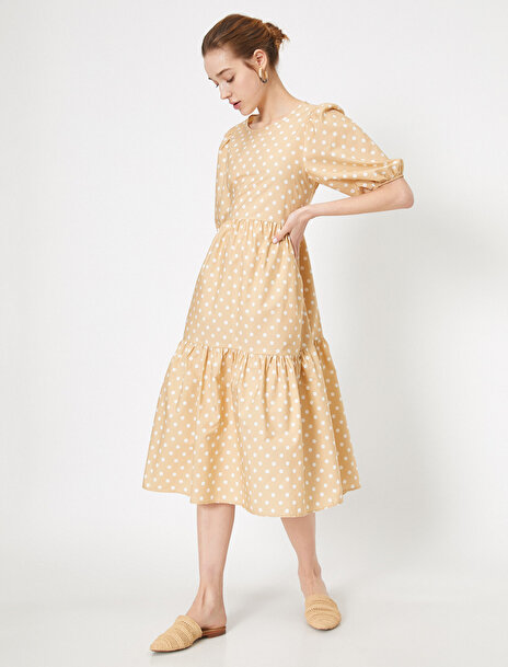 Koton Kadın Bisiklet Yaka Puantiyeli Kısa Kollu Midi Elbise