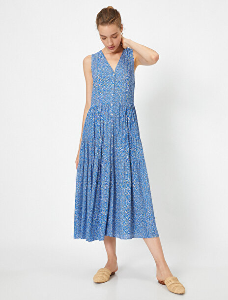 Koton Kadın Desenli Kolsuz Düğme Detaylı Midi Elbise