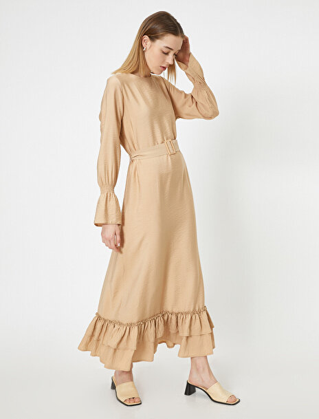 Koton Kadın Beli Kemer Detaylı Uzun Kollu Uzun Elbise